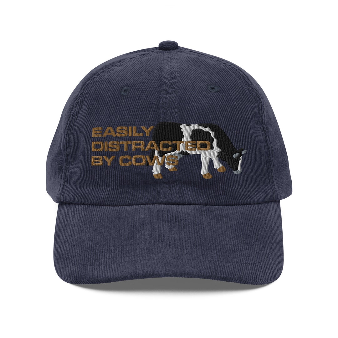 Easily Distracted by Cows Hat Embroidery Vintage Corduroy Cap Funny Cow ...