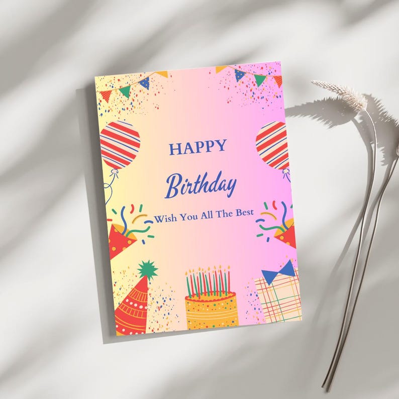 Printable Happy Birthday Card: Balloons and Cake (digital Download) - Etsy