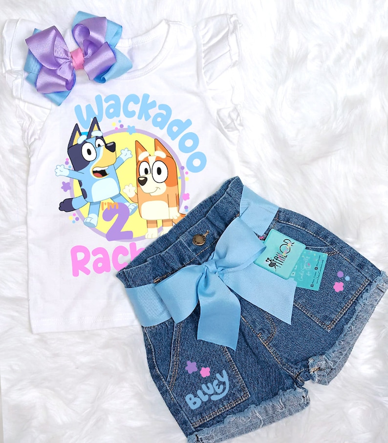 Bluey Birthday Outfit, Bluey Lavender & Pink Outfit, Denim Short Outfit ...