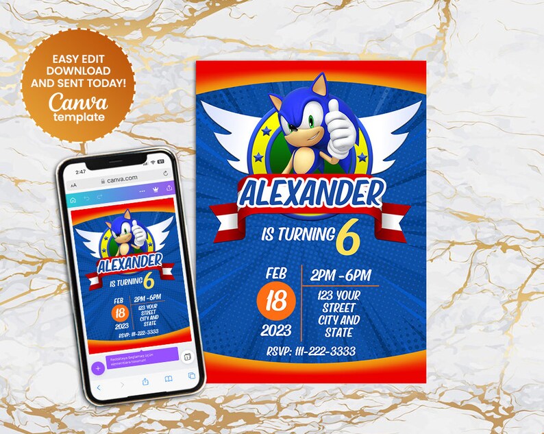 Editable Sonic Birthday Invitation Template, Printable Birthday Party ...