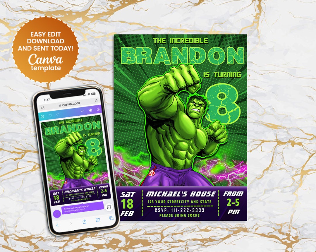 Editable Hulk Birthday Party Invitation Canva Template Instant Download ...