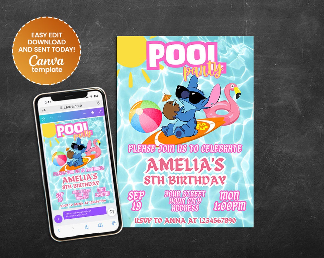 Stitch Birthday Invitation Stitch Pool Party Party Invitation Instant ...