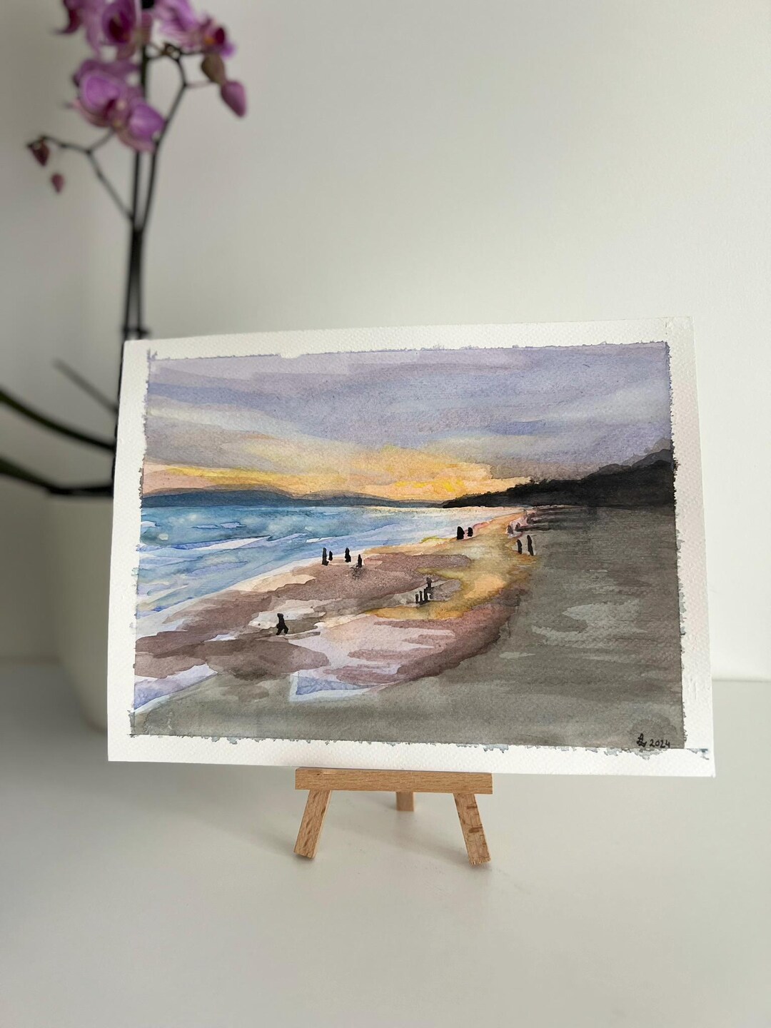 Fine Art Painting, Watercolor Beach Scene Art Print, Orange Sky Ocean ...