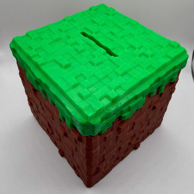 3D Printed Minecraft Style Grass Block Piggy Bank – Large Coin Box With ...