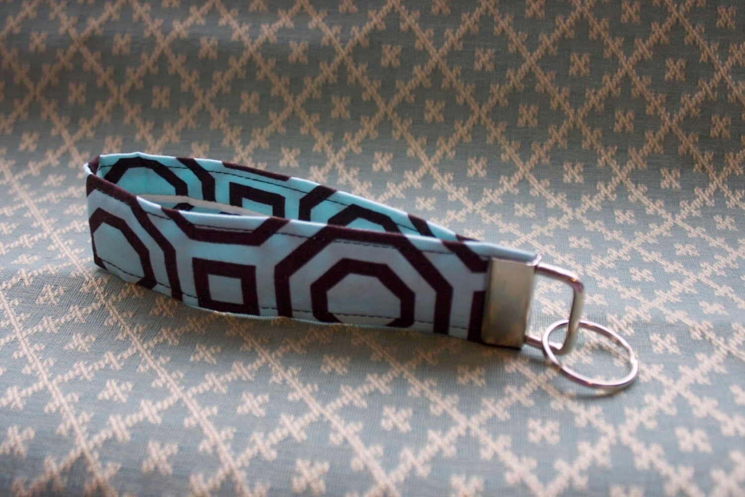 Blue and Brown Fabric Key Chain, Wristloop Keychain, Wristlet Key Chain ...