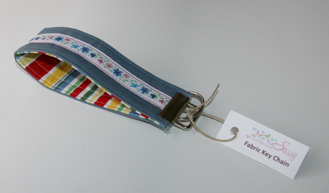 Blue Floral Ribbon Fabric Key Chain, Wrist Loop Keychain, Wristlet Key ...