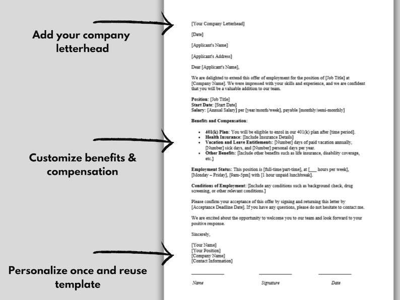Job Offer Letter Template: Human Recourses Forms, New Hire Onboarding ...