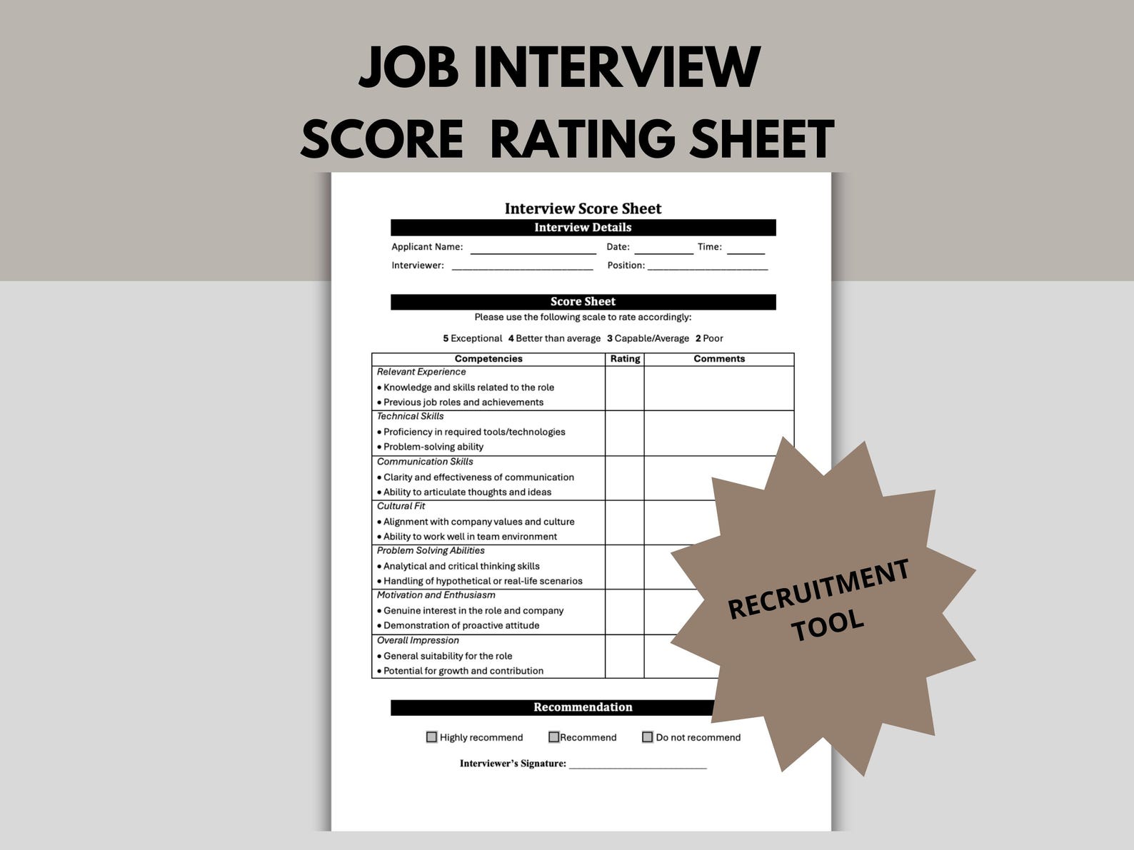 Job Interview Score Rating Sheet - Performance Evaluation Form - HR ...