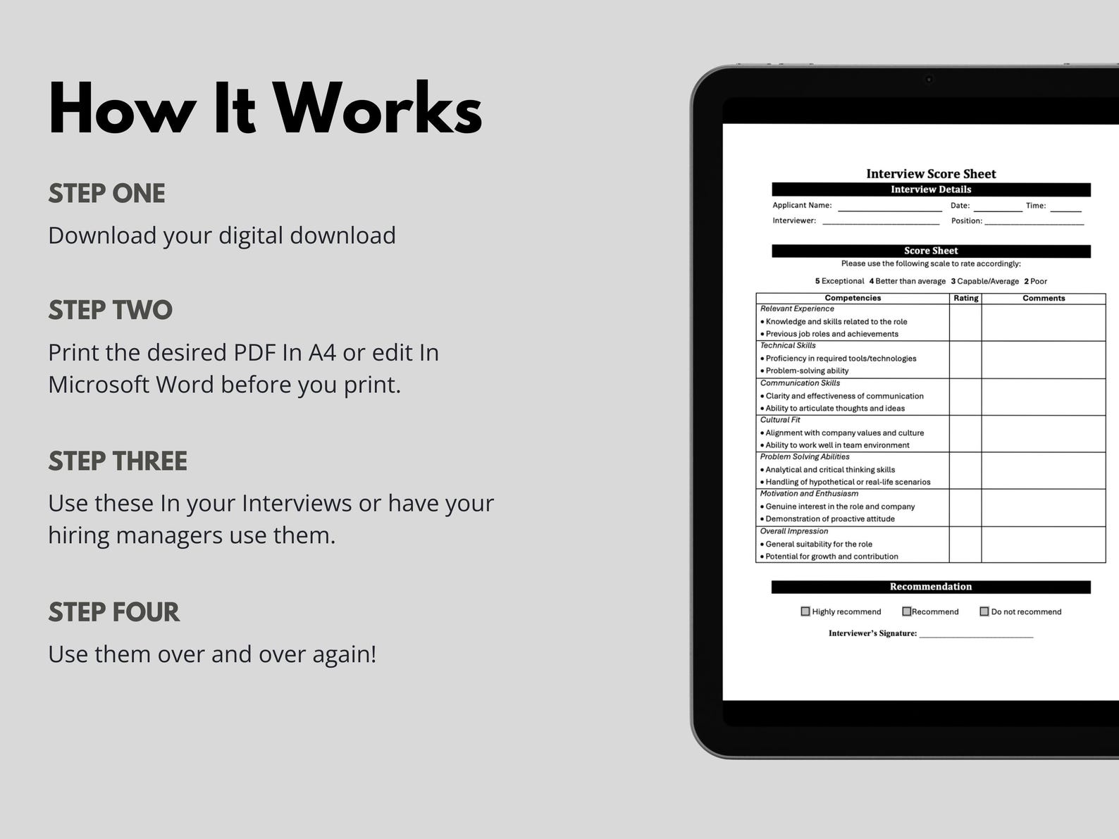 Job Interview Score Rating Sheet Performance Evaluation Form HR ...