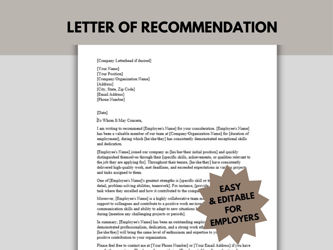Professional Letter of Recommendation, Employers & HR, Editable Easy to ...