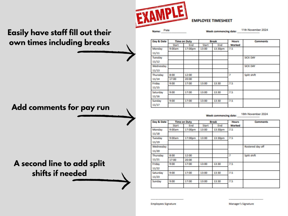 Employee Timesheet - Fillable, Printable & Editable Biweekly, Split ...