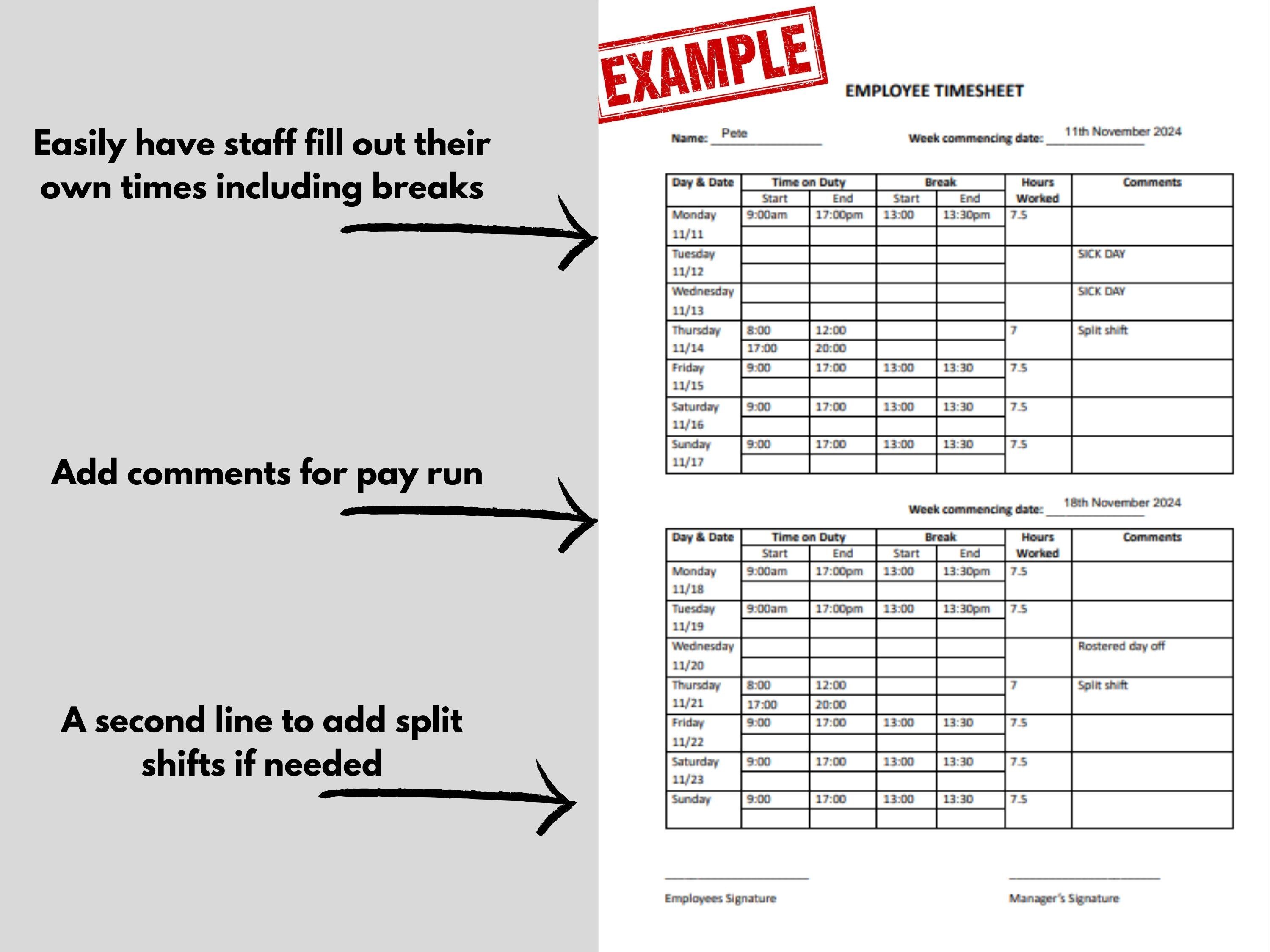 Employee Timesheet - Fillable, Printable & Editable Biweekly, Split ...
