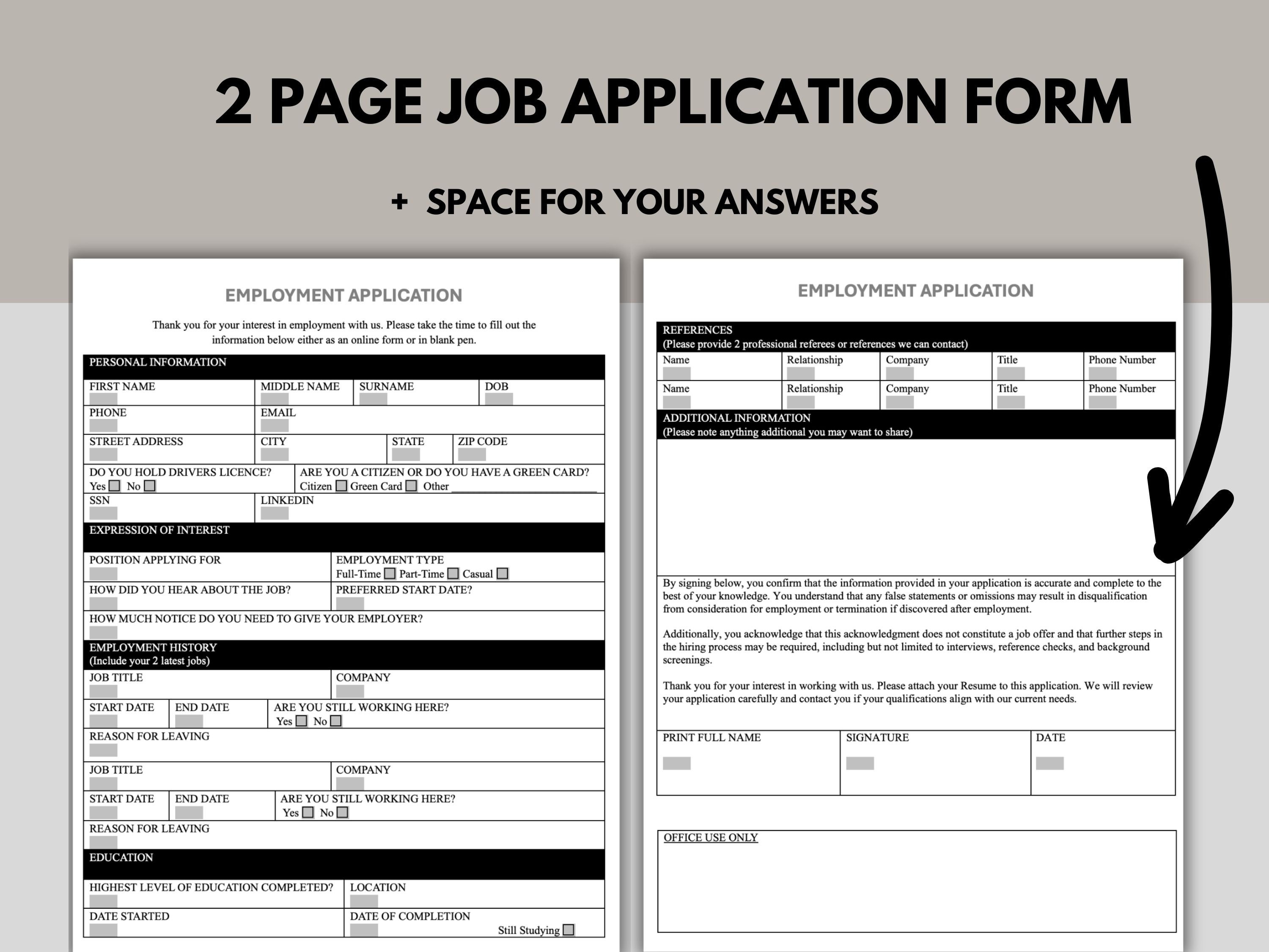 Printable Job Application Form, Fillable Employer Template, Hiring ...