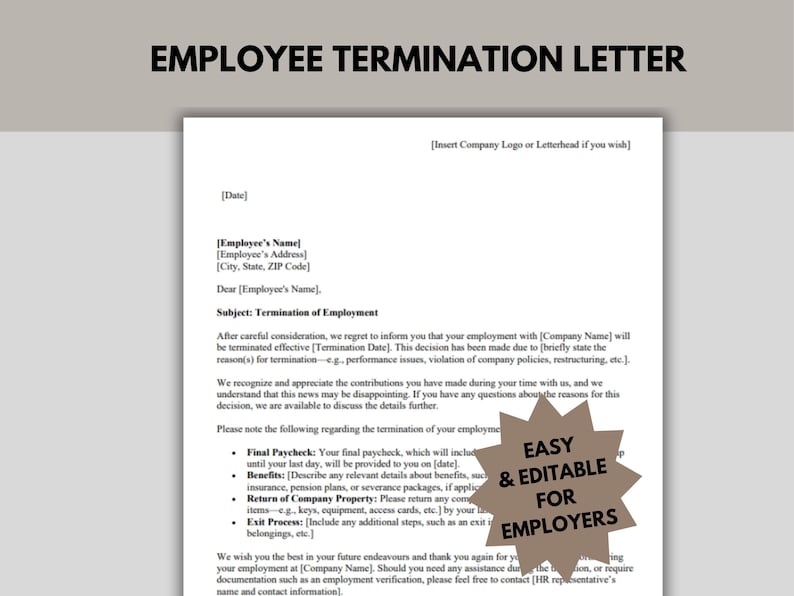 Termination Letter Employment Template, Editable Employer Template, HR ...