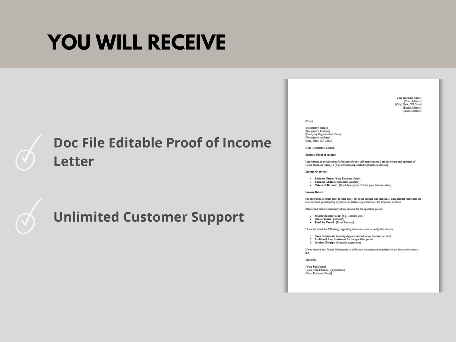 Proof of Income Letter Template - Self Employed, Small Business Owners, Editable & Printable ...