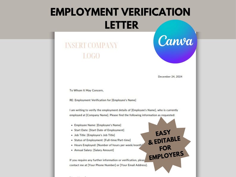 Employment Verification Letter Template, Editable Employer Template, HR ...
