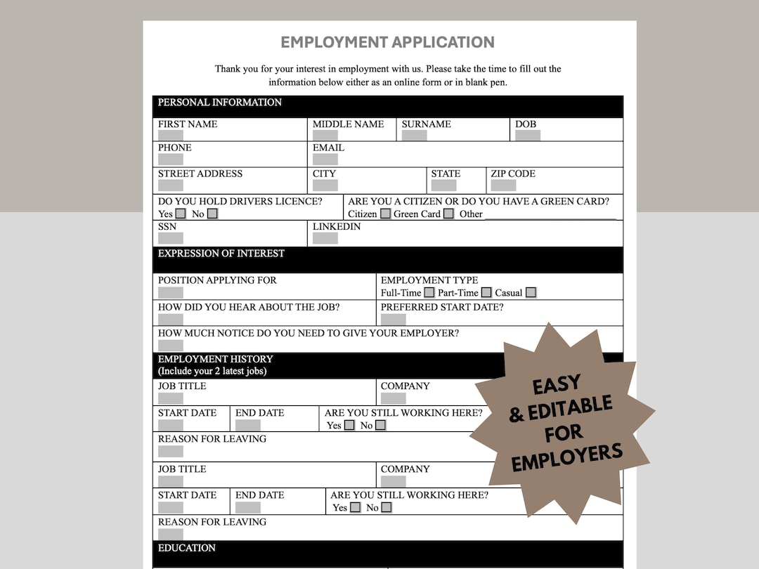 Printable Job Application Form, Fillable Employer Template, Hiring ...