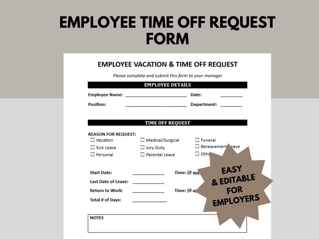 Fillable Employee Time off Request Form - Printable HR Template for ...