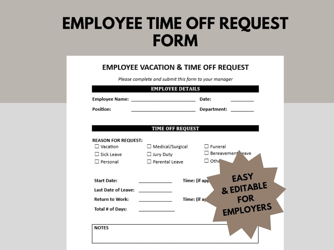 Fillable Employee Time off Request Form - Printable HR Template for ...