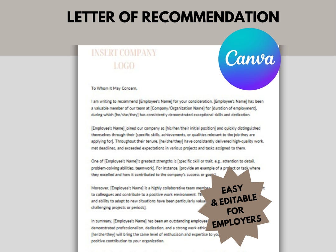 Professional Letter of Recommendation, Employers & HR, Editable Easy to ...