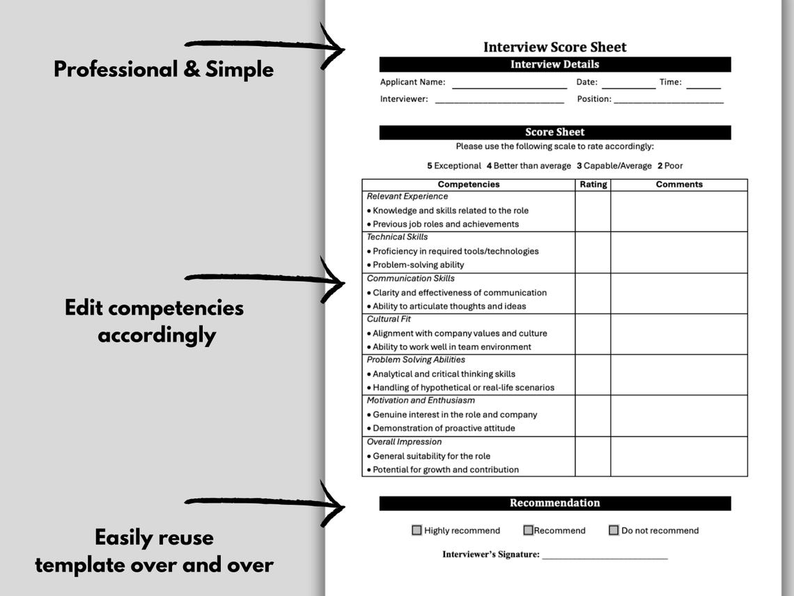 Job Interview Score Rating Sheet - Performance Evaluation Form - HR ...