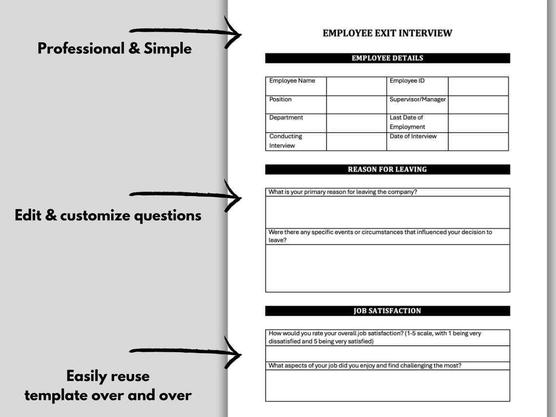 Employee Exit Interview Questions - Editable and Printable Form for ...