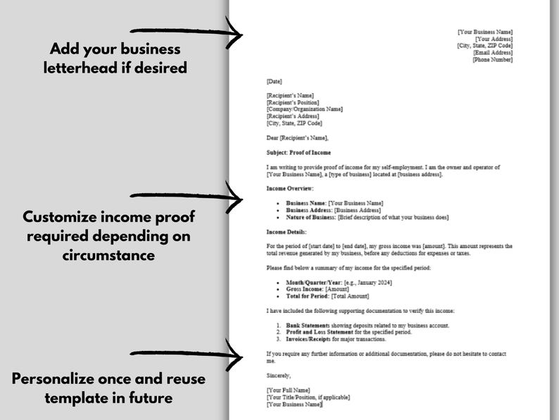 Proof of Income Letter Template - Self Employed, Small Business Owners ...