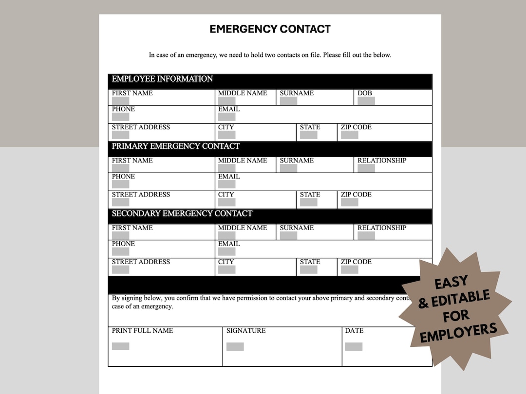 Employee Emergency Contact Form - PDF Printable & Fillable, Editable ...
