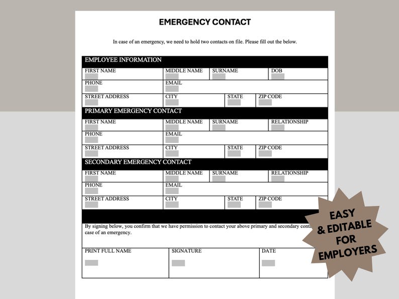 Employee Emergency Contact Form - PDF Printable & Fillable, Editable ...