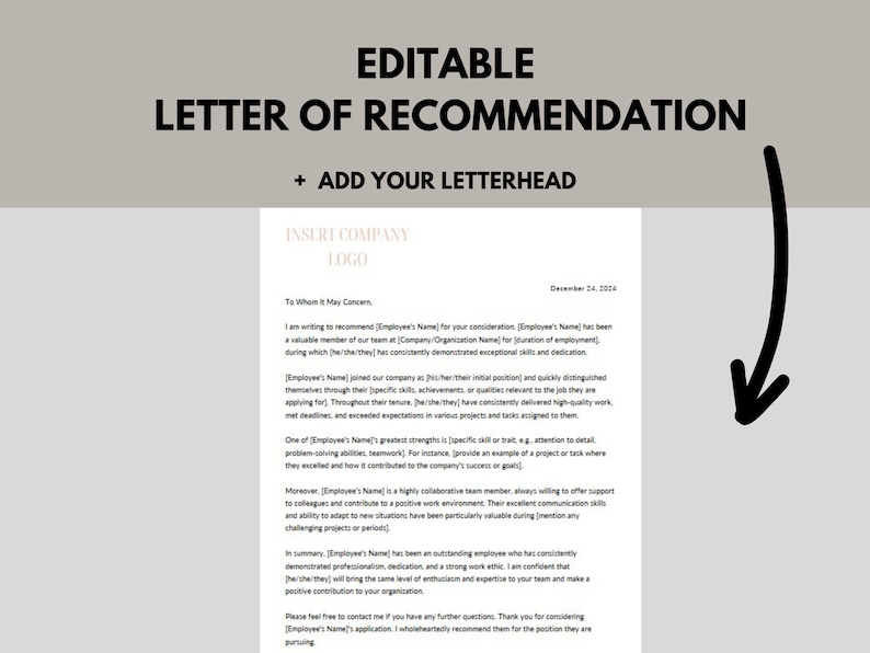Professional Letter of Recommendation, Employers & HR, Editable Easy to ...
