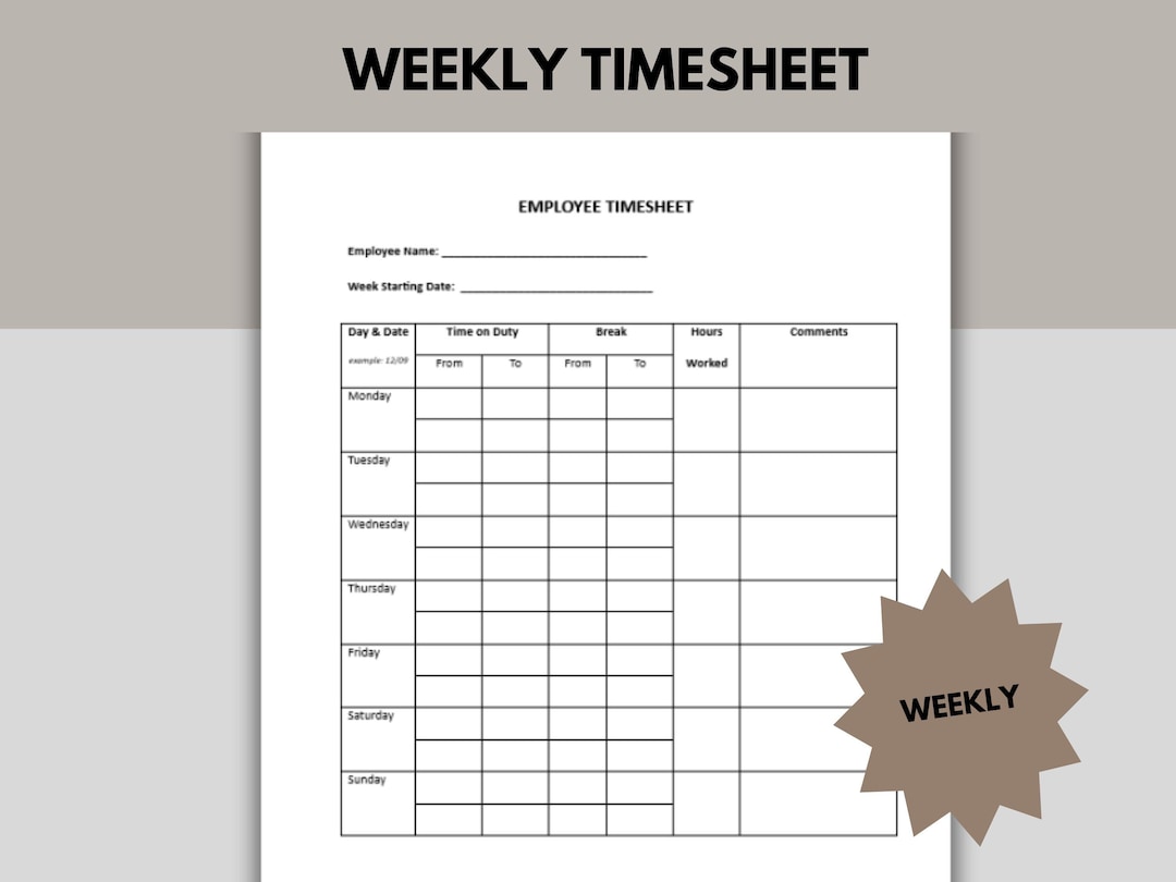 Weekly Employee Timesheet With Breaks- Fillable, Printable & Editable ...