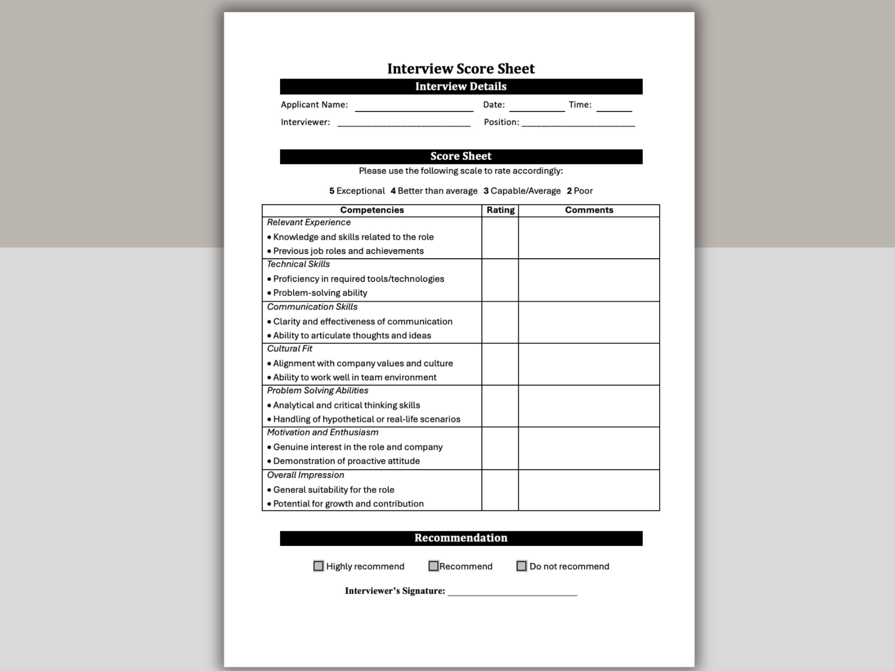 Job Interview Score Rating Sheet - Performance Evaluation Form - HR ...