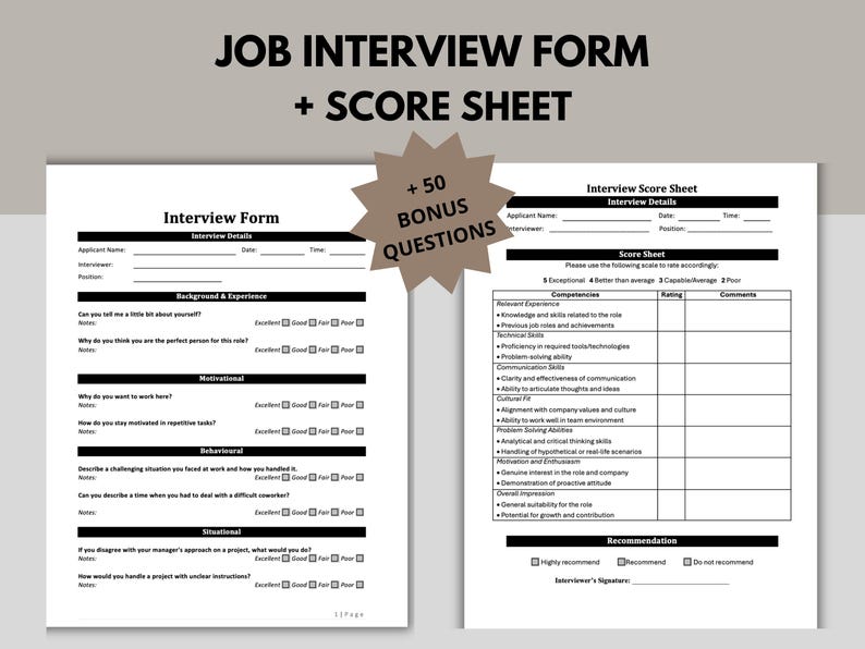 Editable Job Interview Form, Printable Template for Employers With ...