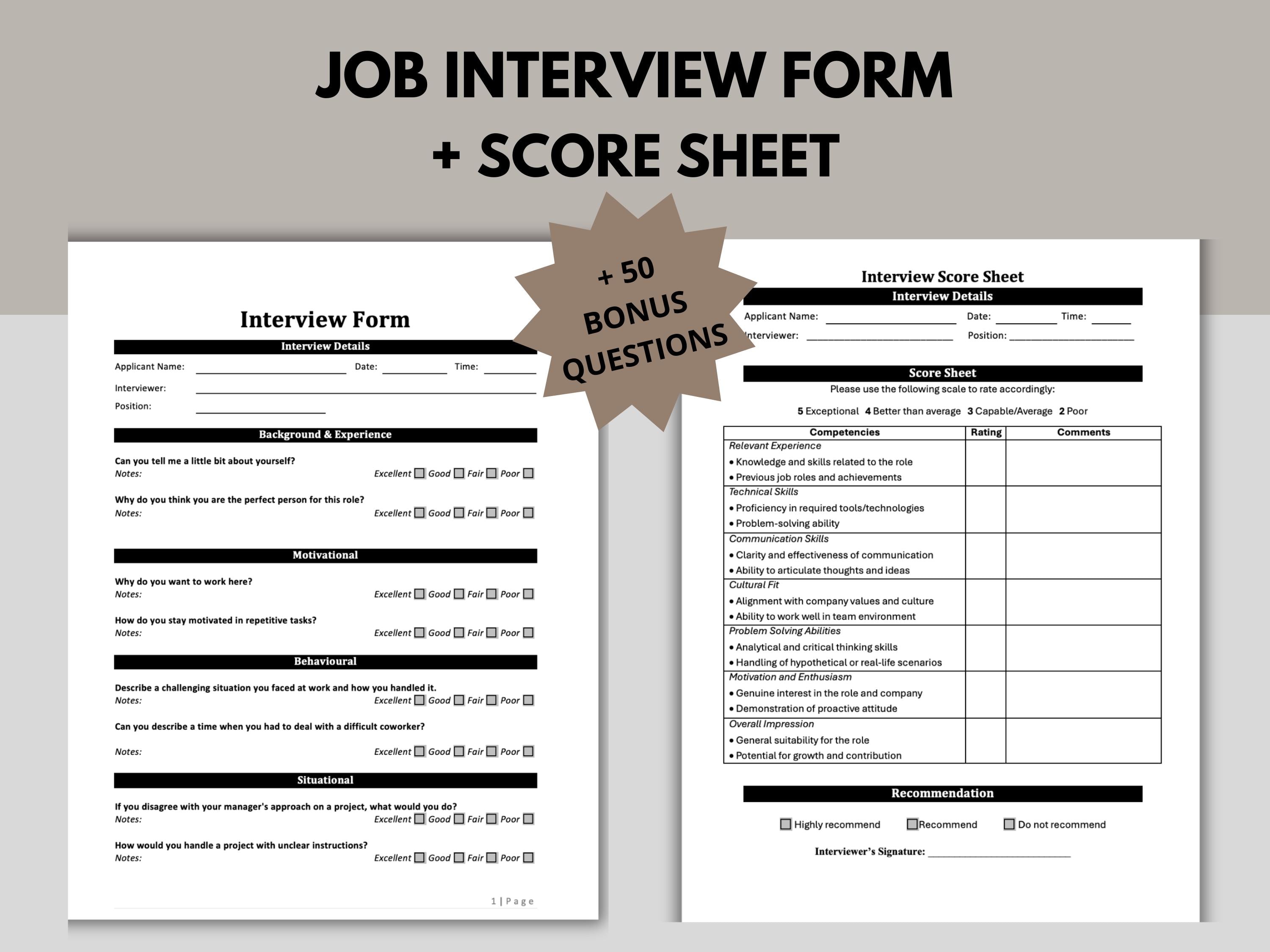 Editable Job Interview Form, Printable Template for Employers With ...