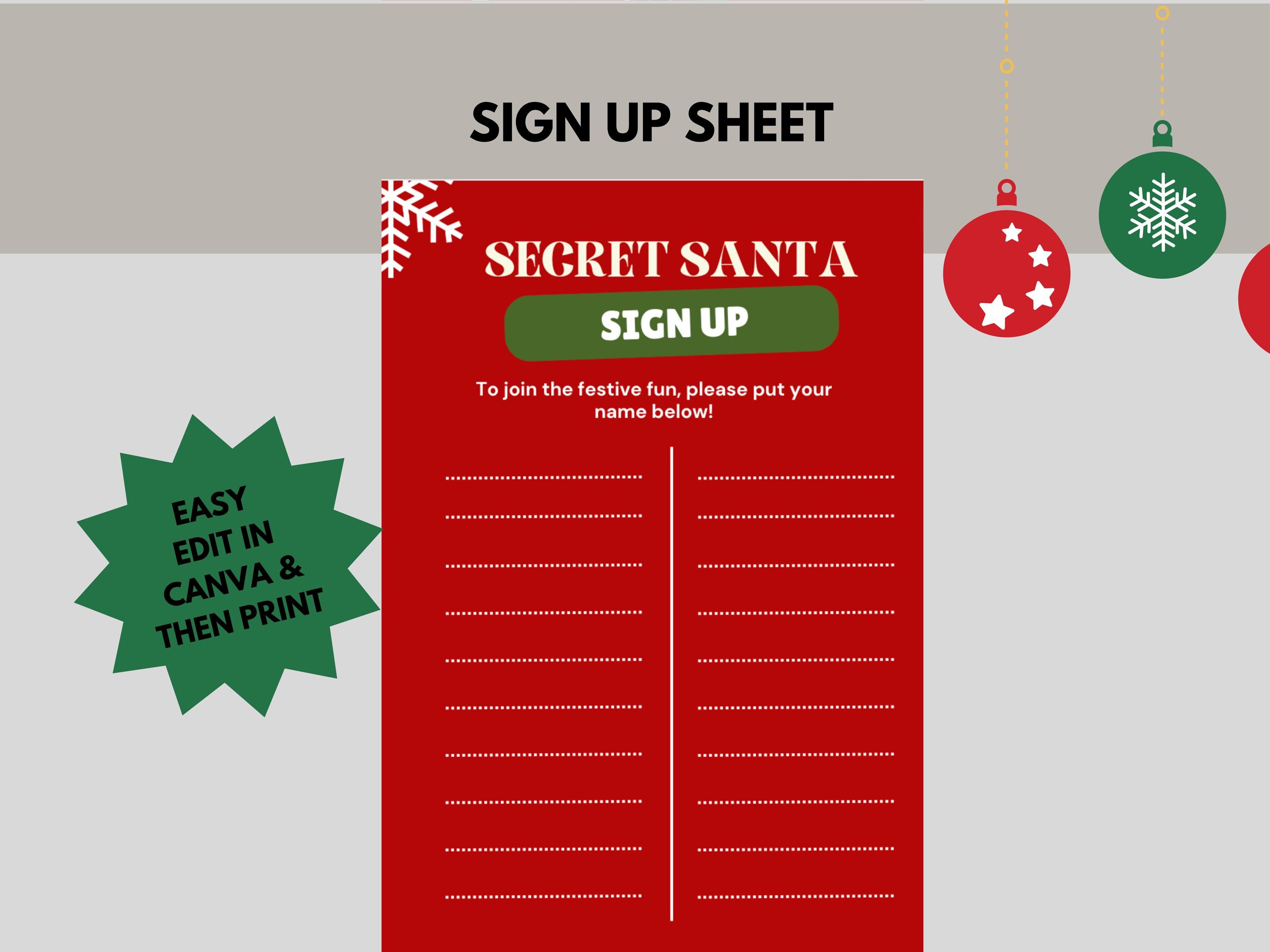 Secret Santa Sign up - Sign & Sign up Sheet, Printable Gift Exchange ...