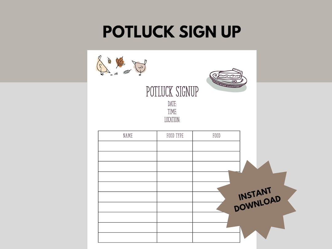 Potluck Sign up Sheet, Office Potluck Party Printable, Potluck Signup ...