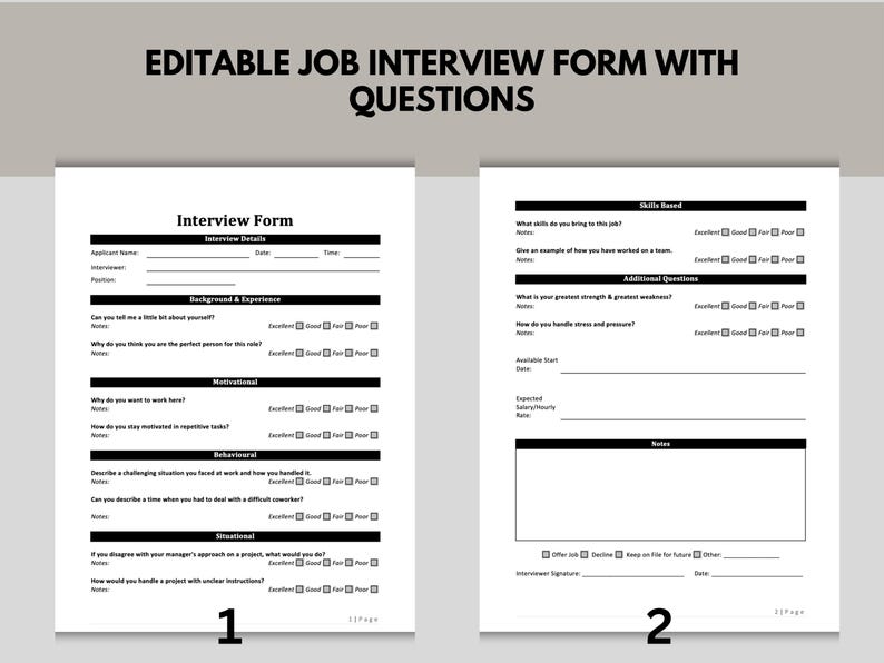 Editable Job Interview Form, Printable Template for Employers With ...