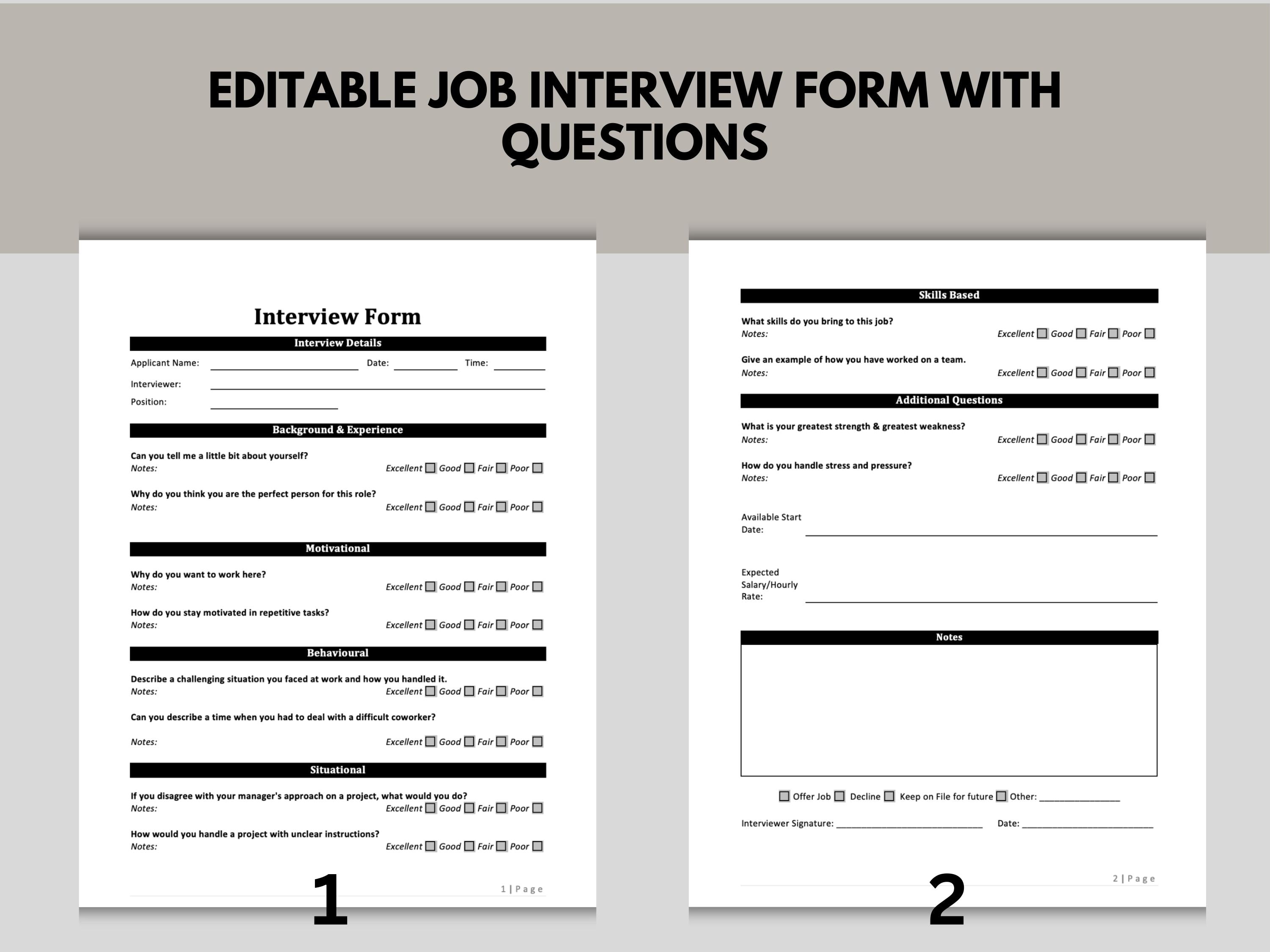 Editable Job Interview Form, Printable Template for Employers With ...