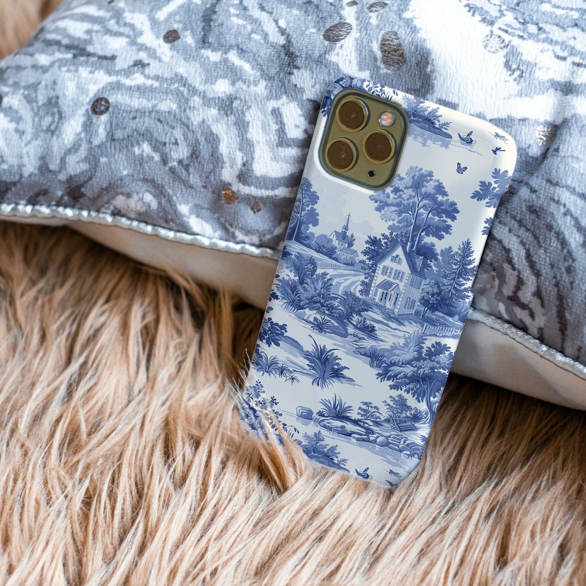Toile De Jouy Cottagecore Pattern Phone Case, Vintage Blue French Toile ...