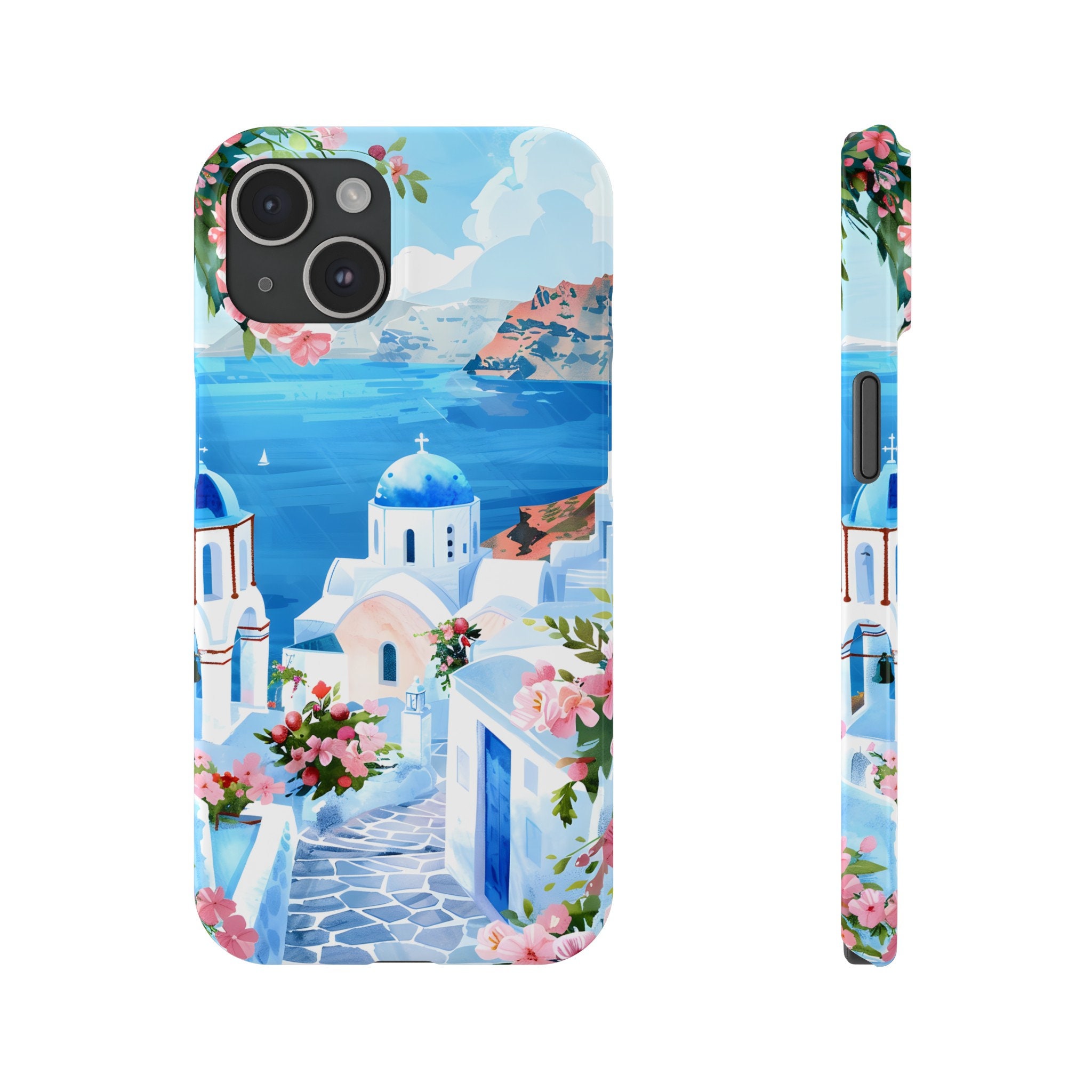 Cute Santorini Collage Watercolor Art Phone Case, Blue Coastal Sea ...