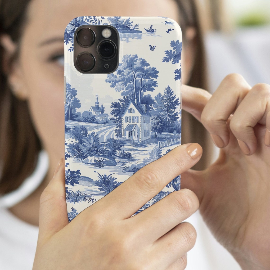 Toile De Jouy Cottagecore Pattern Phone Case, Vintage Blue French Toile ...