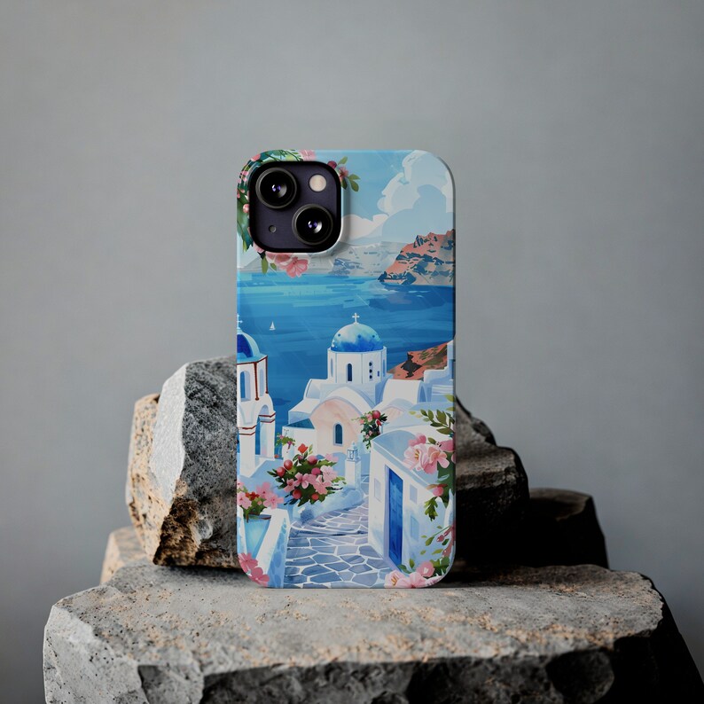 Cute Santorini Collage Watercolor Art Phone Case, Blue Coastal Sea Aesthetic Greek Patterns ...