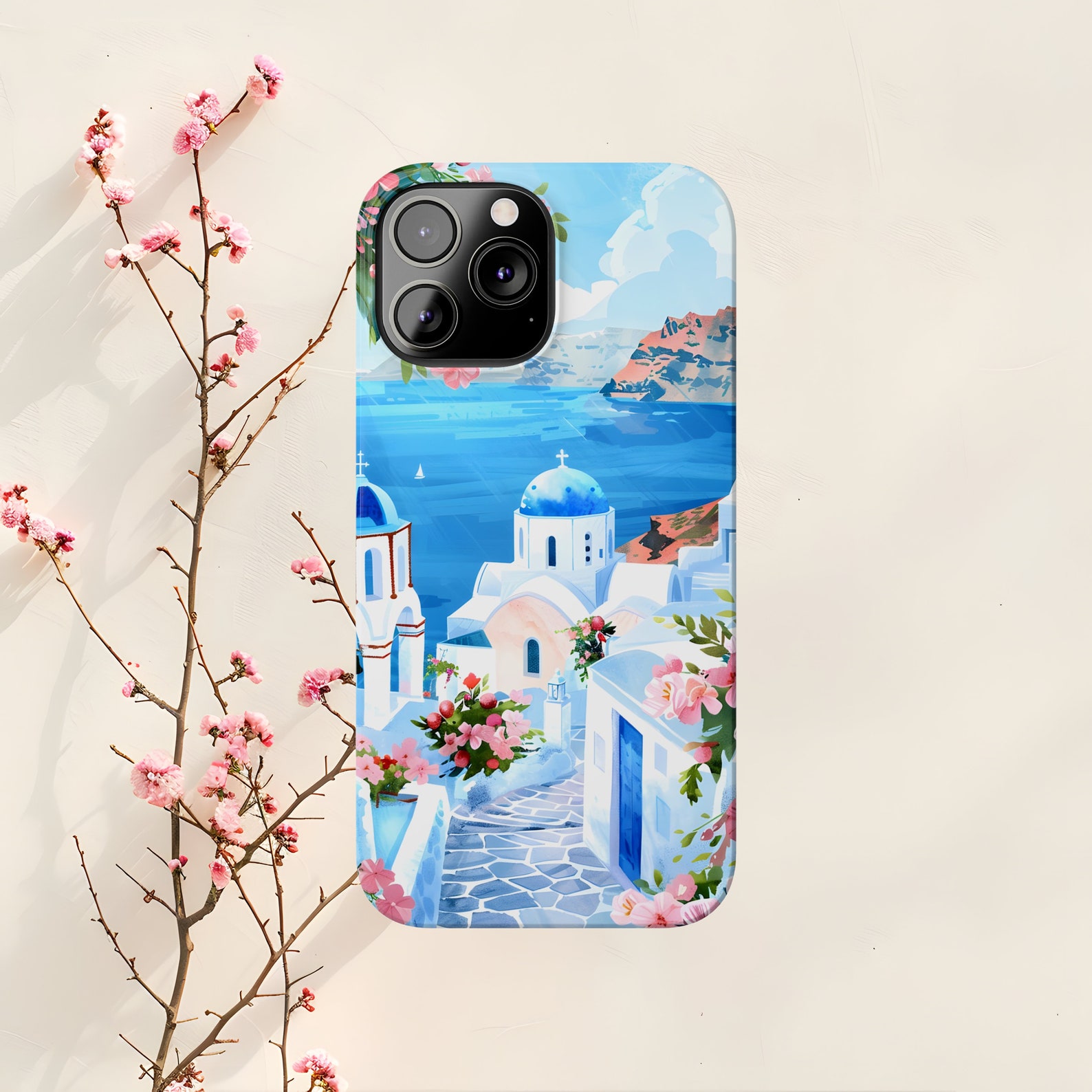 Cute Santorini Collage Watercolor Art Phone Case, Blue Coastal Sea Aesthetic Greek Patterns ...