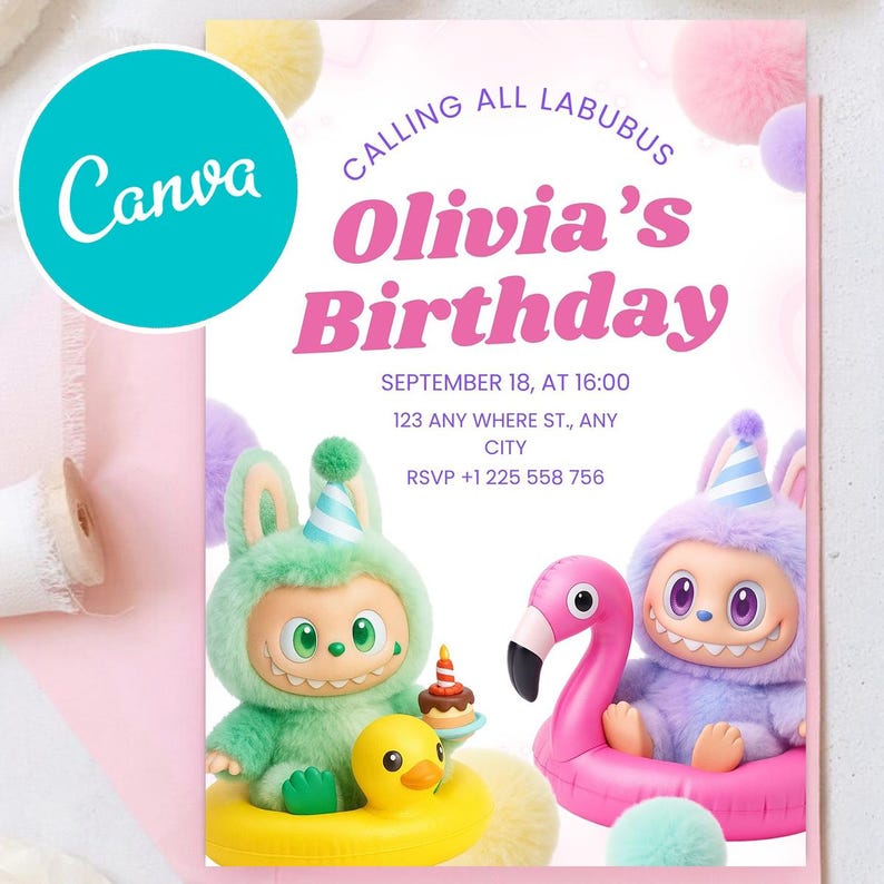 Labubu Birthday Invitation Template: Pastel Party, Editable Canva ...
