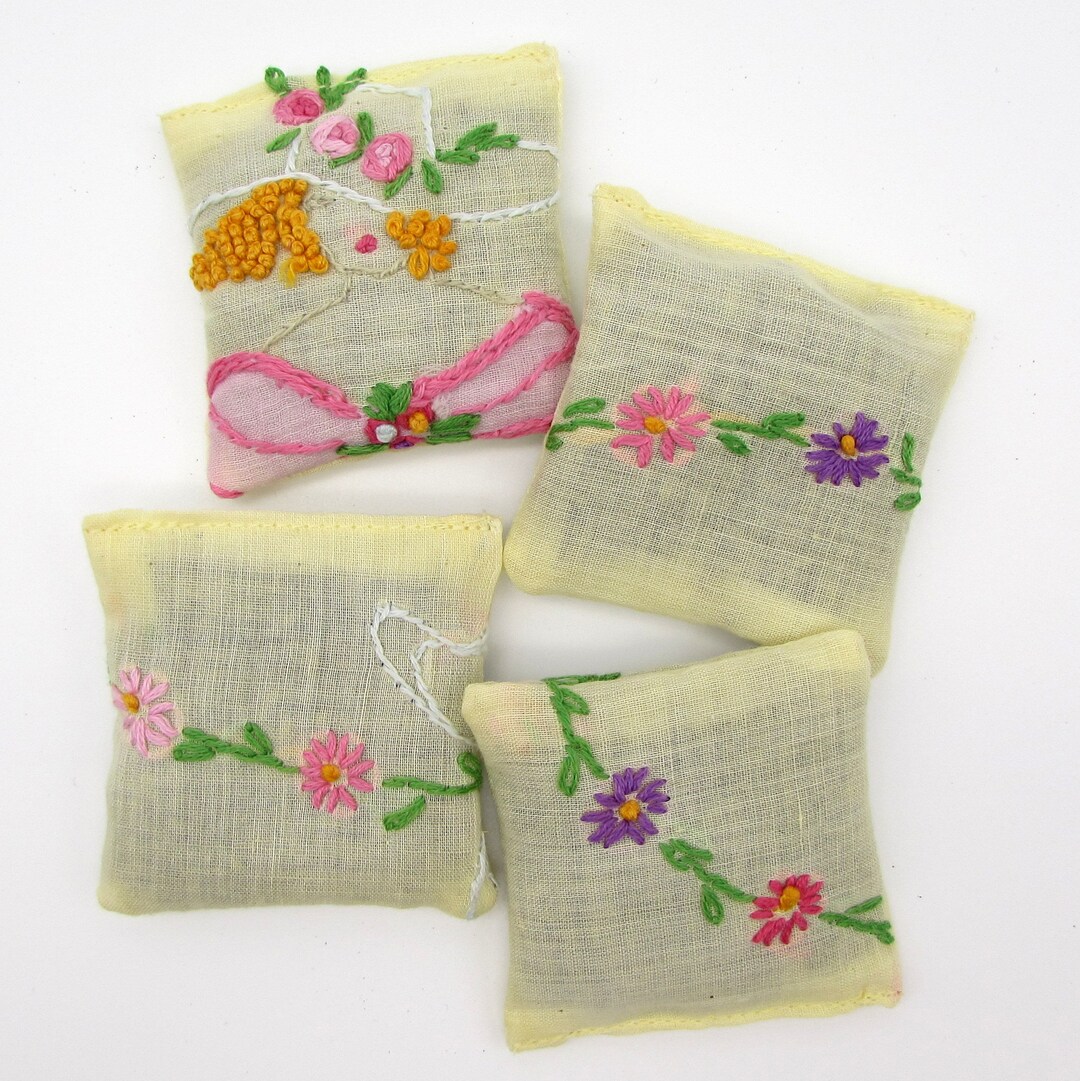 4 Dried Lavender Sachets - Lady With Hat - Colorful Embroidered Sachets ...
