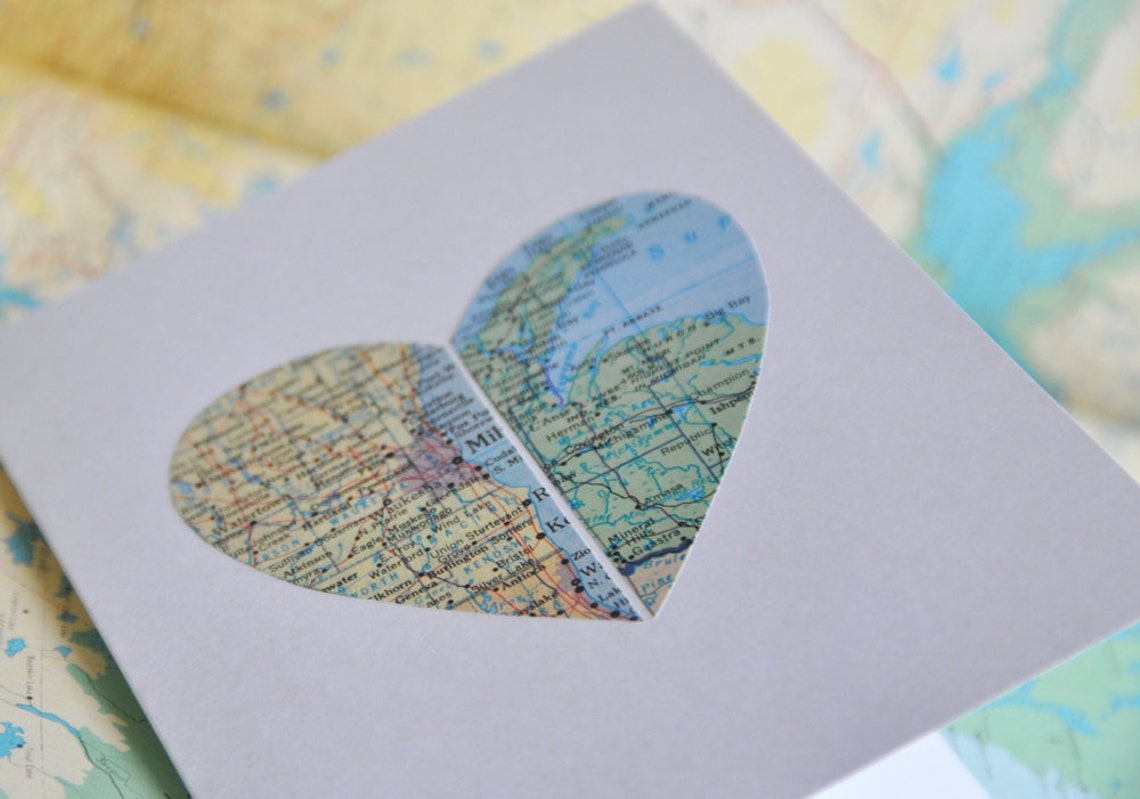 Long Distance Relationship - Map Heart in Two Places Custom Map Card - Etsy