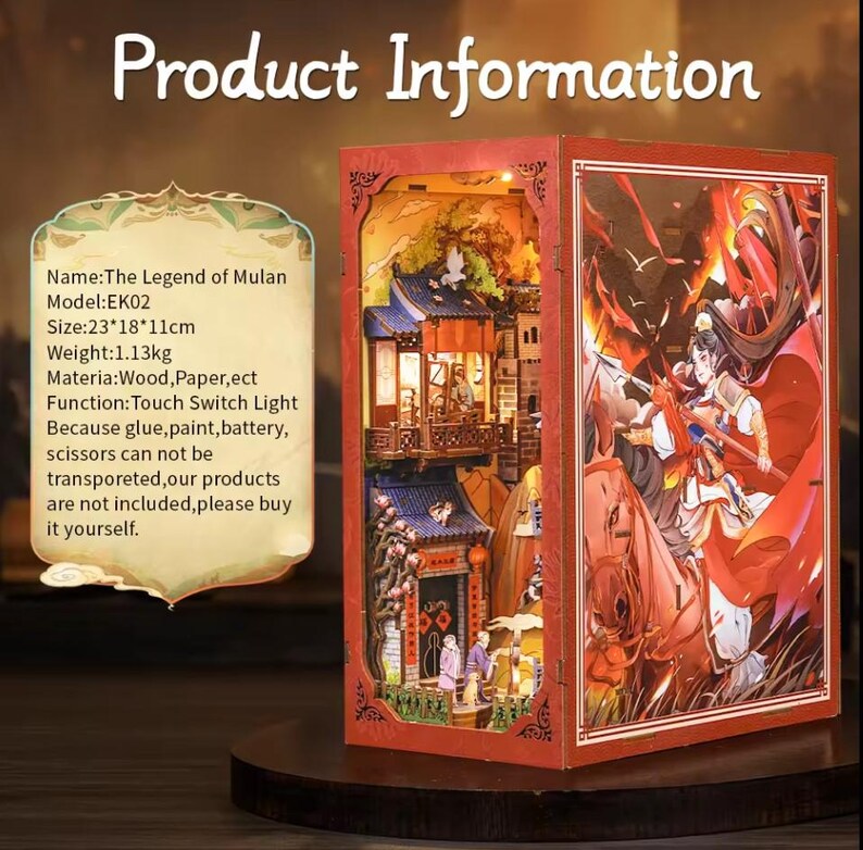 The Legend of Mulan DIY Book Nook Bookshelf Insert Dust Cover Wooden ...