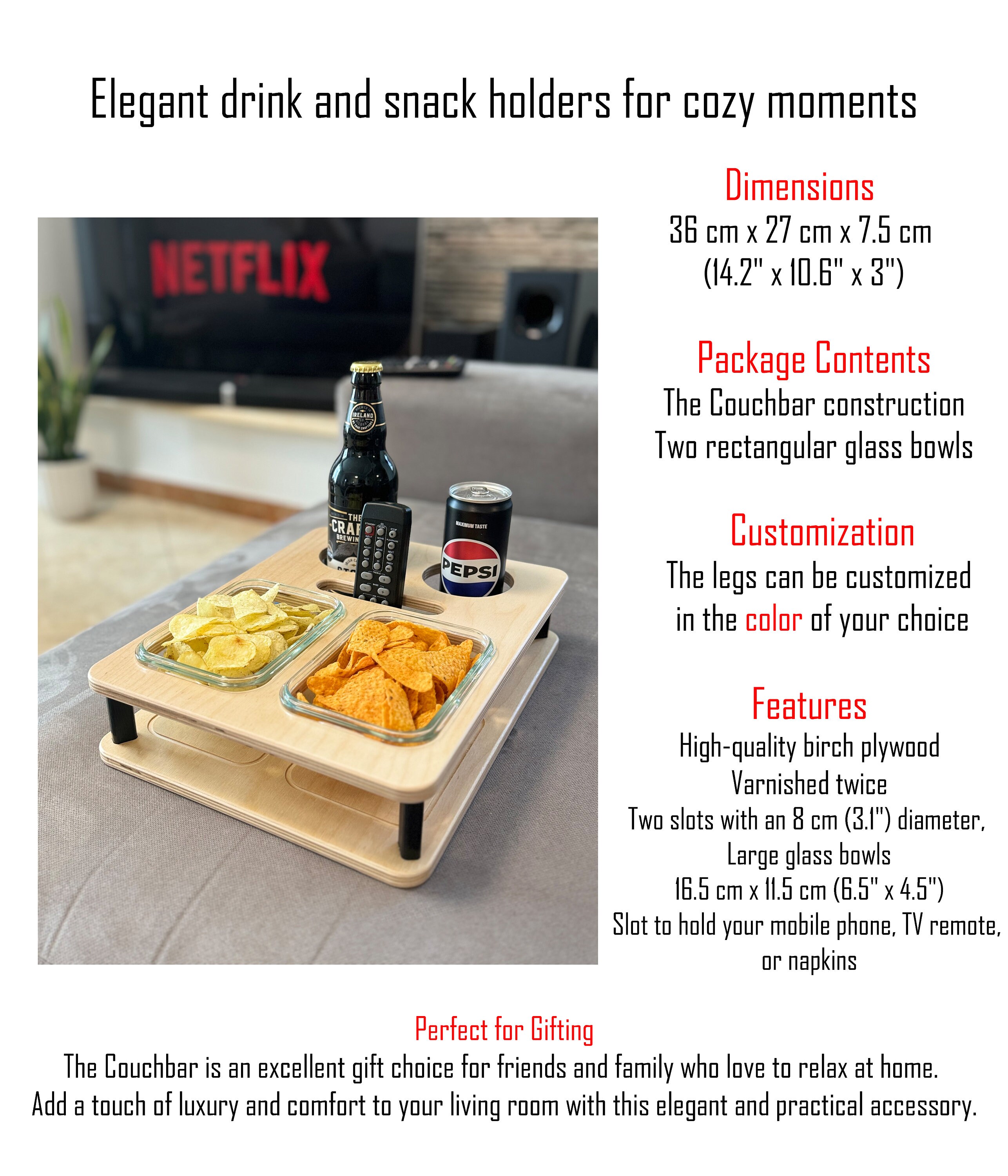 Personalized Large Couchbar Drink and Snack Holder for the Sofa Snack ...