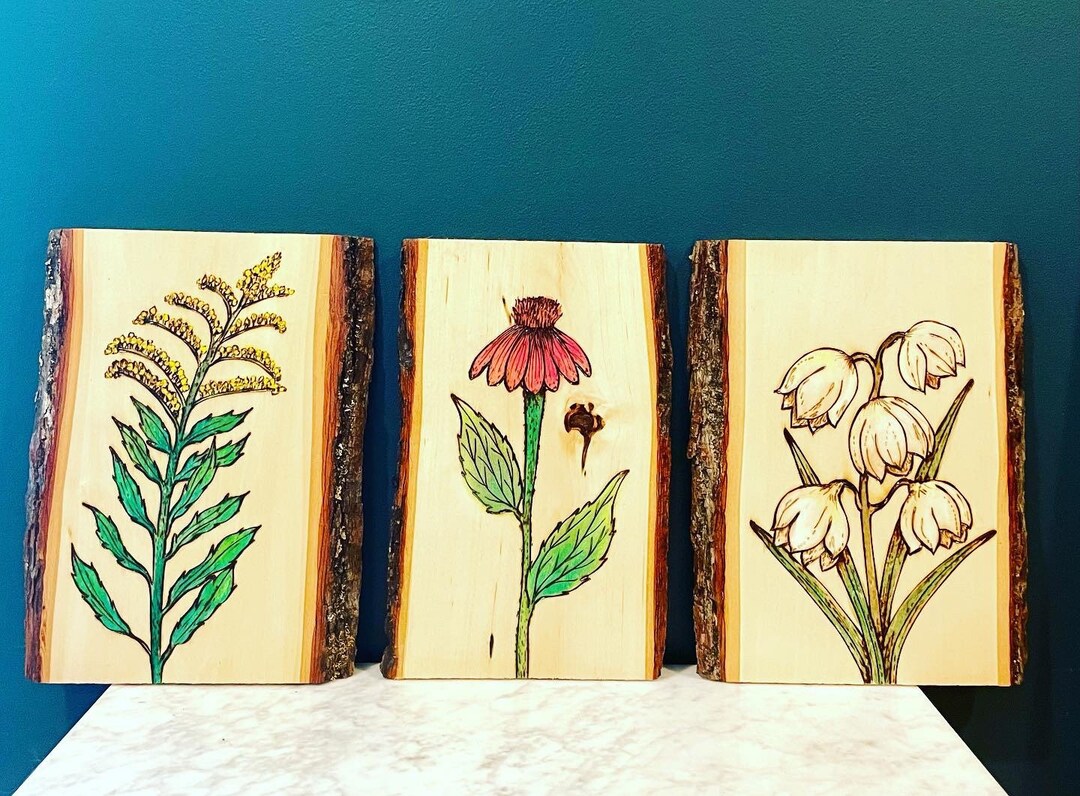 Wildflower Wood Art Trio, Wood Burned Flower Paintings, Set of 3 ...