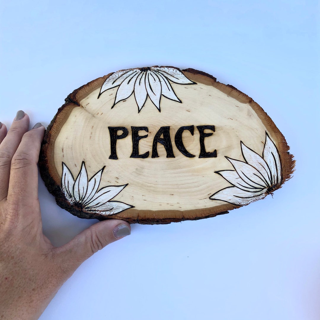 Handmade Wood Burned Peace Sign: Flower Painted Tree Slice Art - Etsy